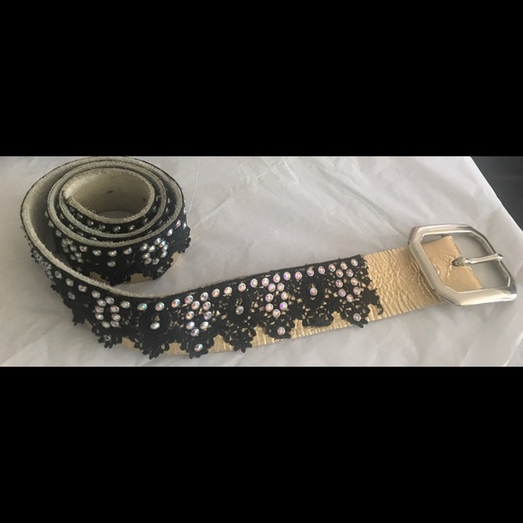 Melamed | Accessories | Melamed Gold Leather Black Lace Rhinestones Sm | Poshmark